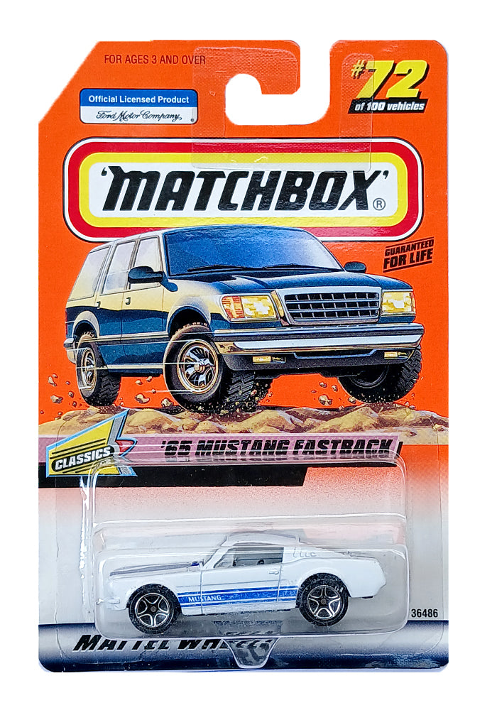 EXCLUSIVES Matchbox '65 Mustang Fastback - White / Blue - 1998 Card (W ...