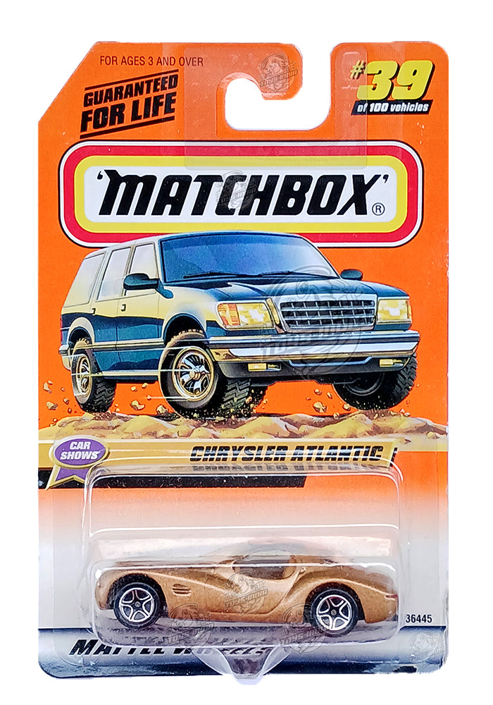 EXCLUSIVES Matchbox Chrysler Atlantic - Golden - 1998 Card (Creased Ca ...