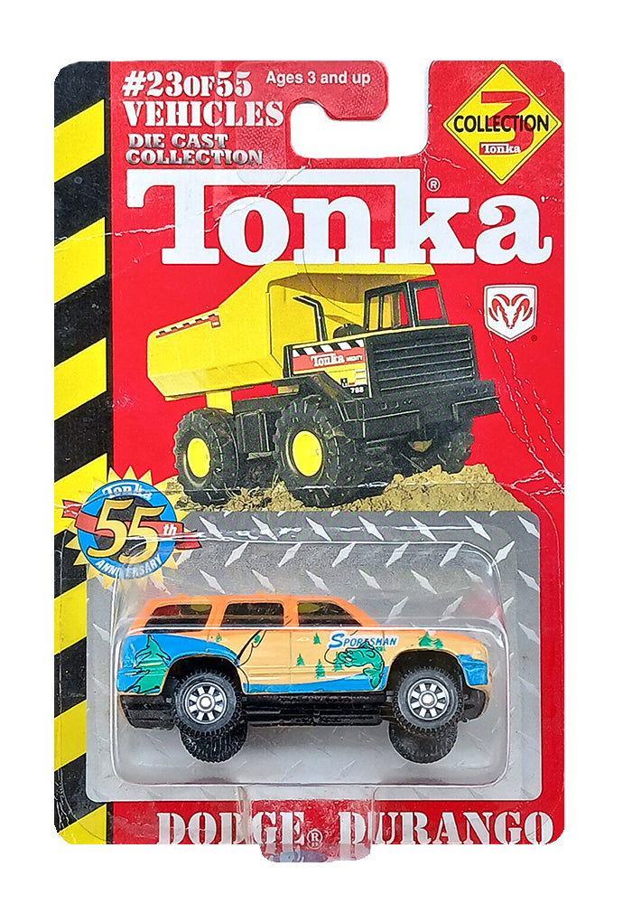 EXCLUSIVES Tonka Dodge Durango - Orange / Blue - 2002 Card (Creased Ca ...